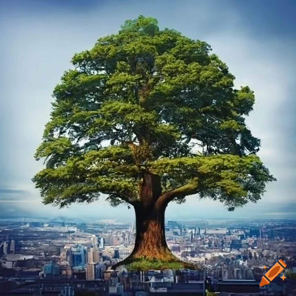 Giant oak tree overlooking a cityscape on Craiyon