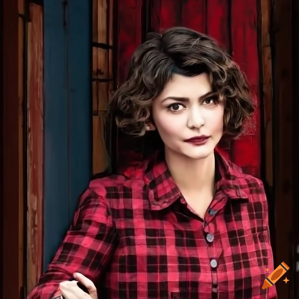 Actress Audrey Tautou lookalike in red plaid shirt and high waist black leather trousers peeking ...