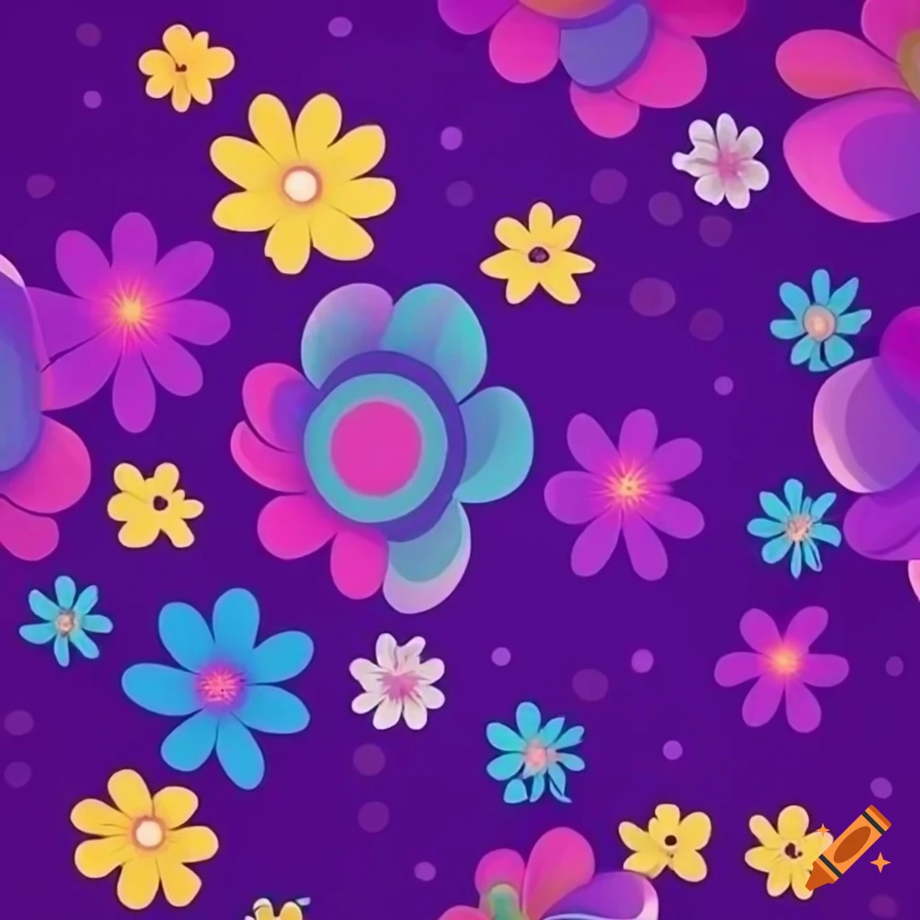 Groovy purple 70s background with cartoon flowers on Craiyon
