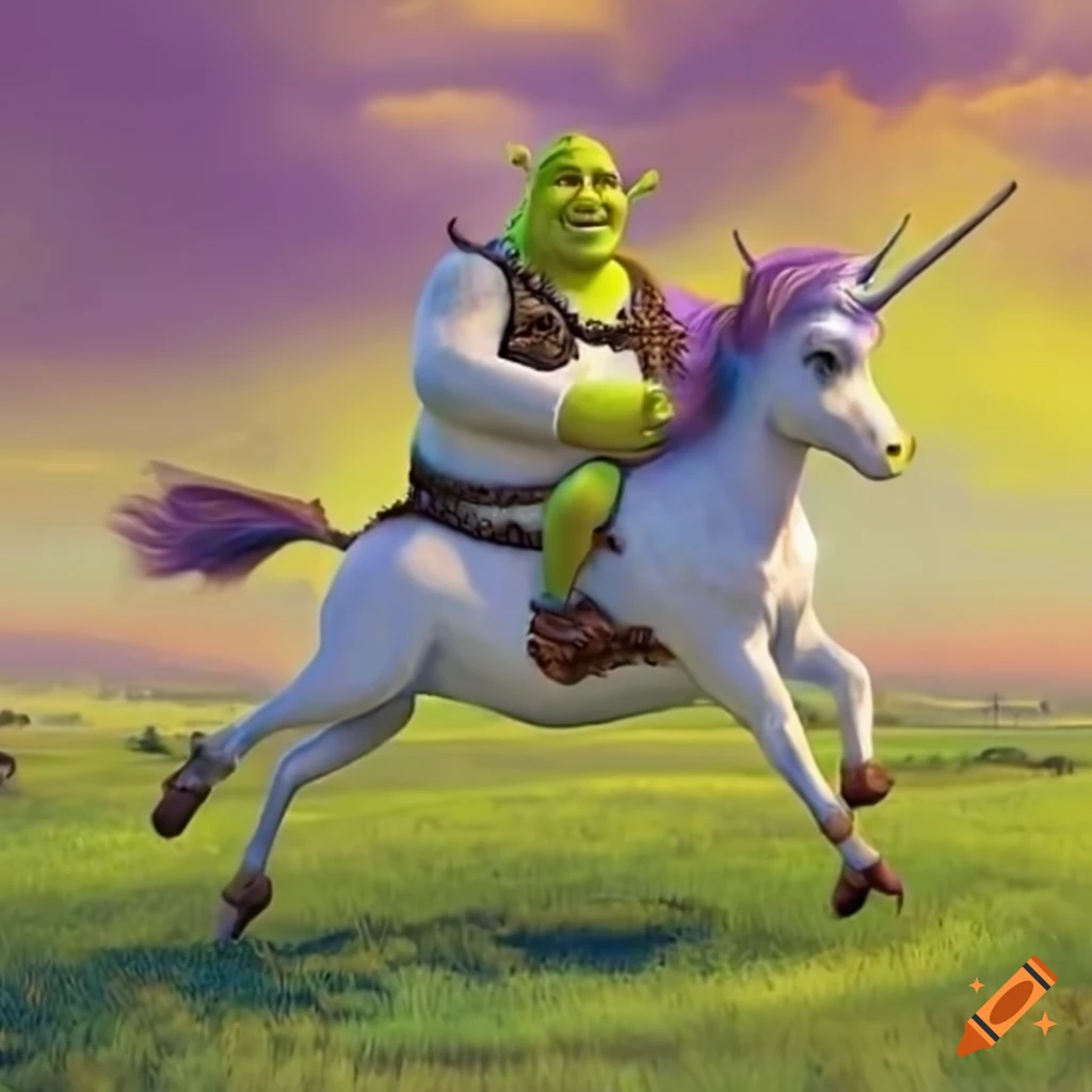 Shrek riding a unicorn on Craiyon