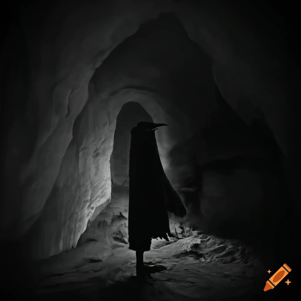 Humanoid crow perched high in a dark cave in black and white on Craiyon