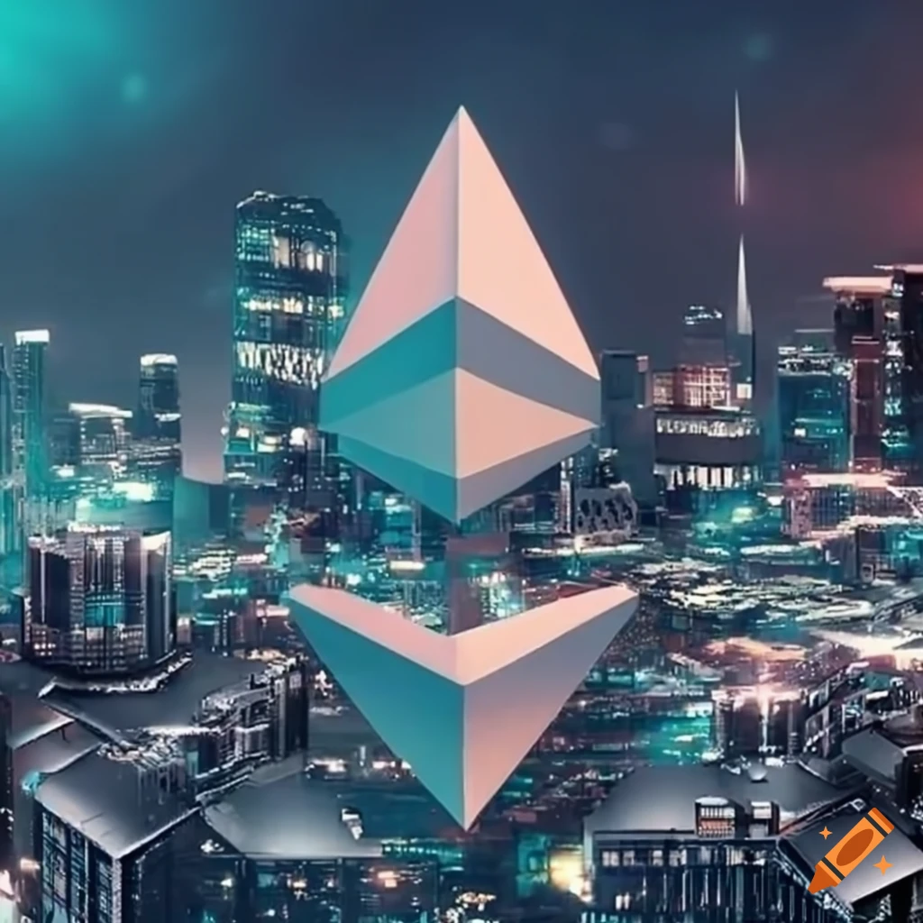Ethereum logo in futuristic cityscape in 2050 on Craiyon