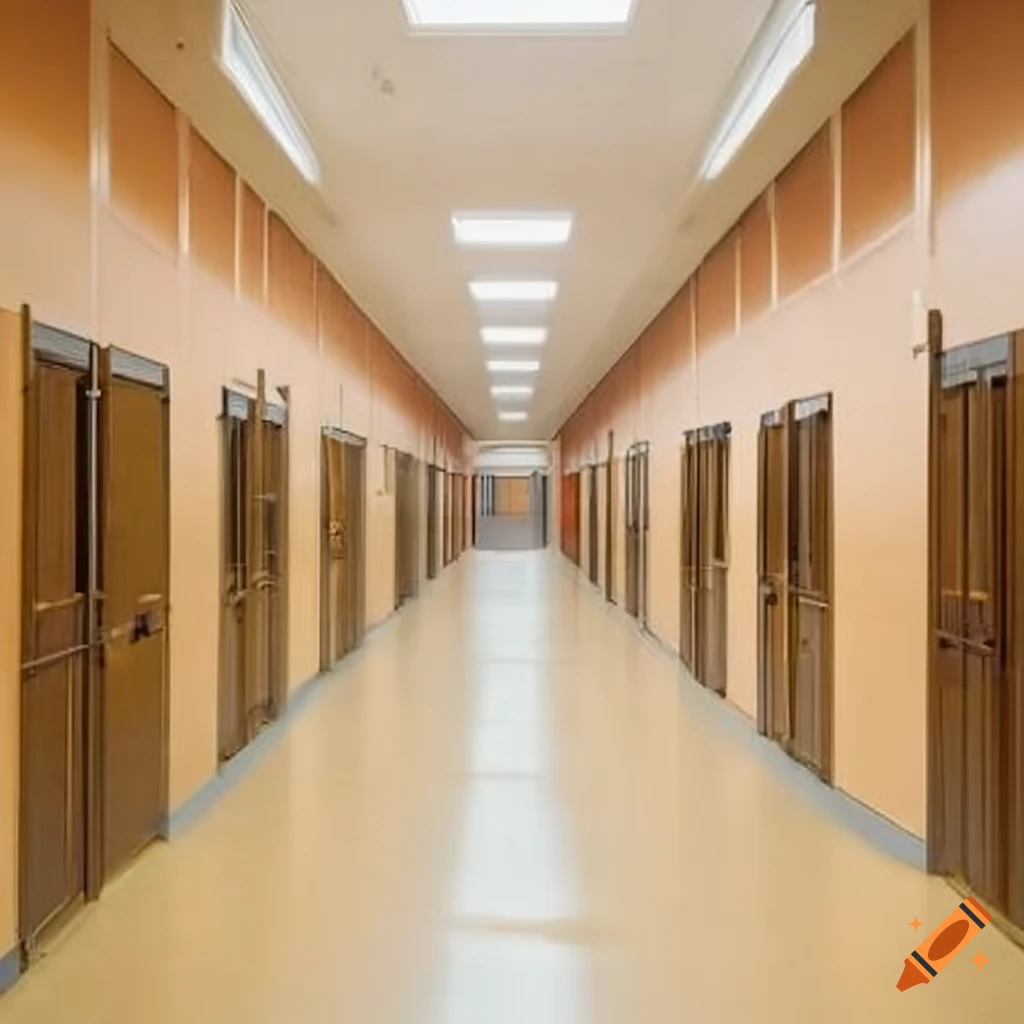 School corridor with classrooms and a hall on Craiyon