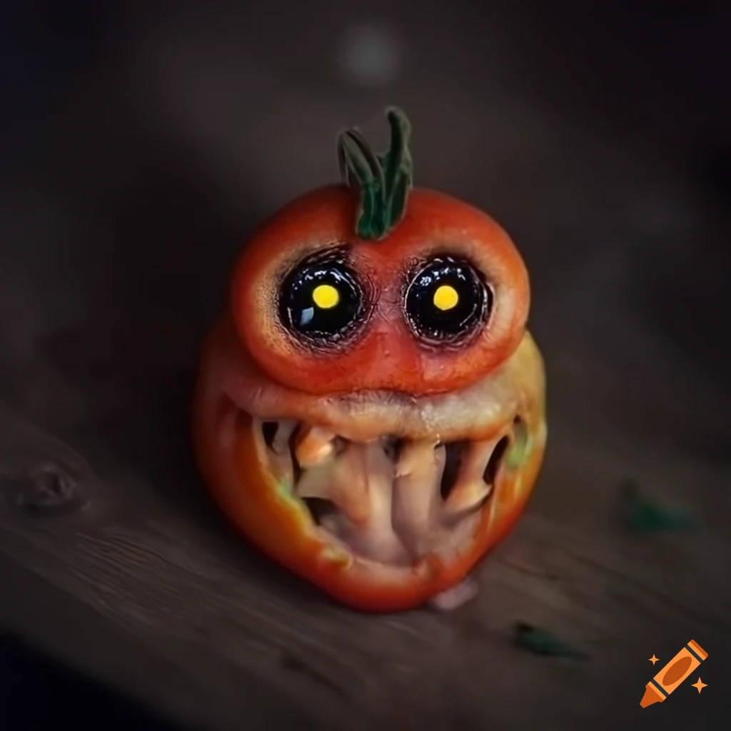 Close-up portrait of rotten tomato fruit monster in a realistic micro ...