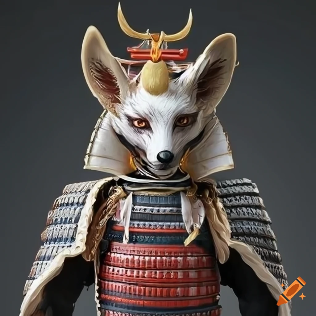 White kyubi fox deity in samurai armor on Craiyon