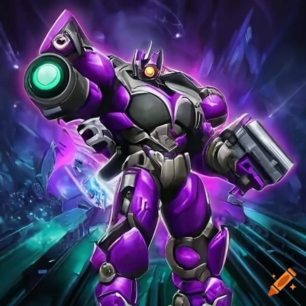 Cyborg monster with purple skin and big guns in Yu-Gi-Oh! style on Craiyon