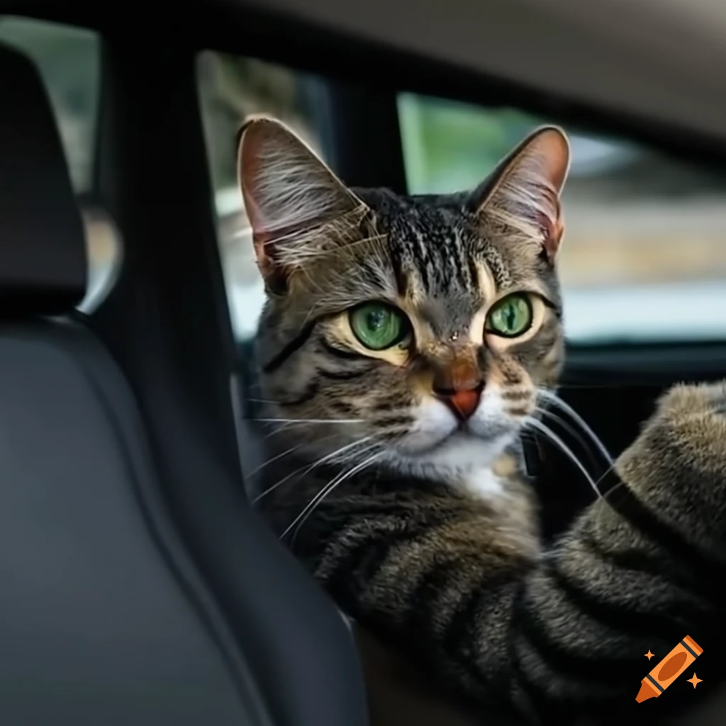Tabby cat driving a car on Craiyon