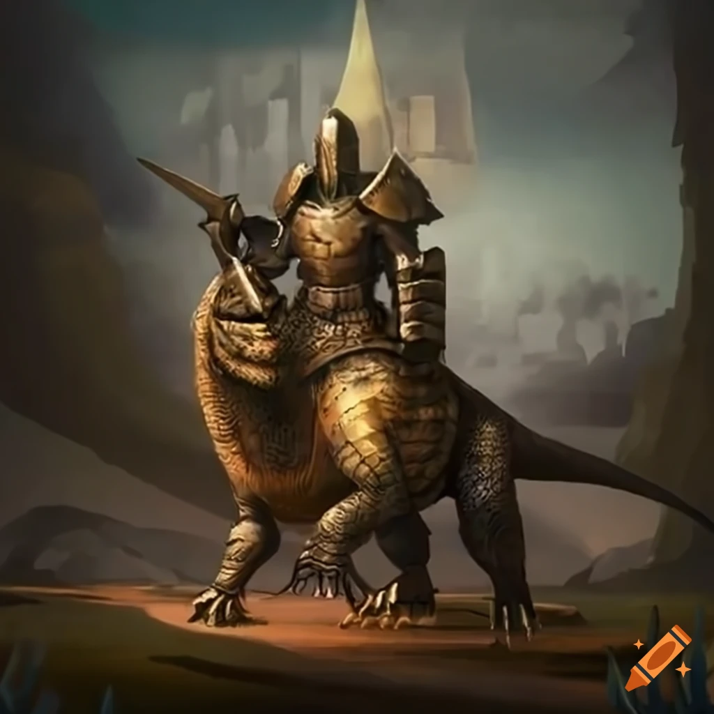 Epic knight riding a dinosaur with a sword on Craiyon