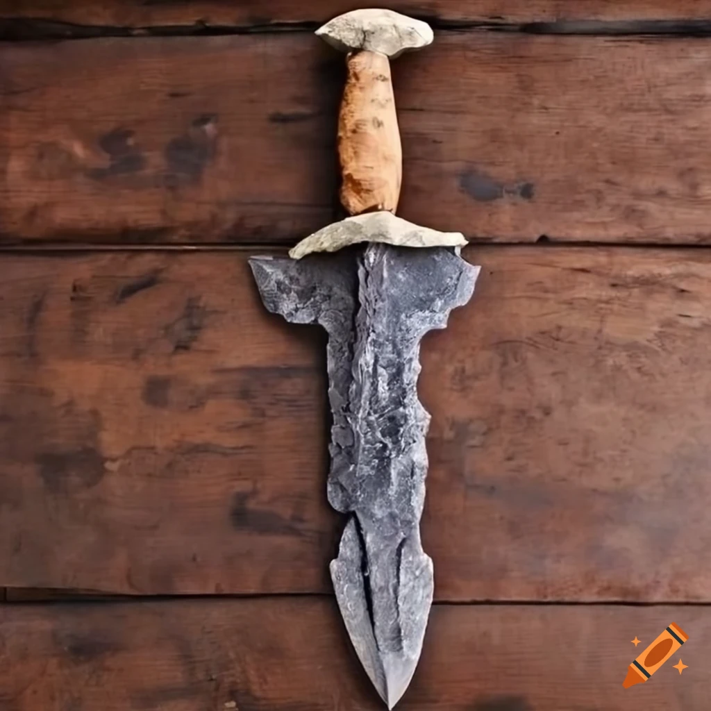 Intricately designed primitive stone and wood sword on Craiyon