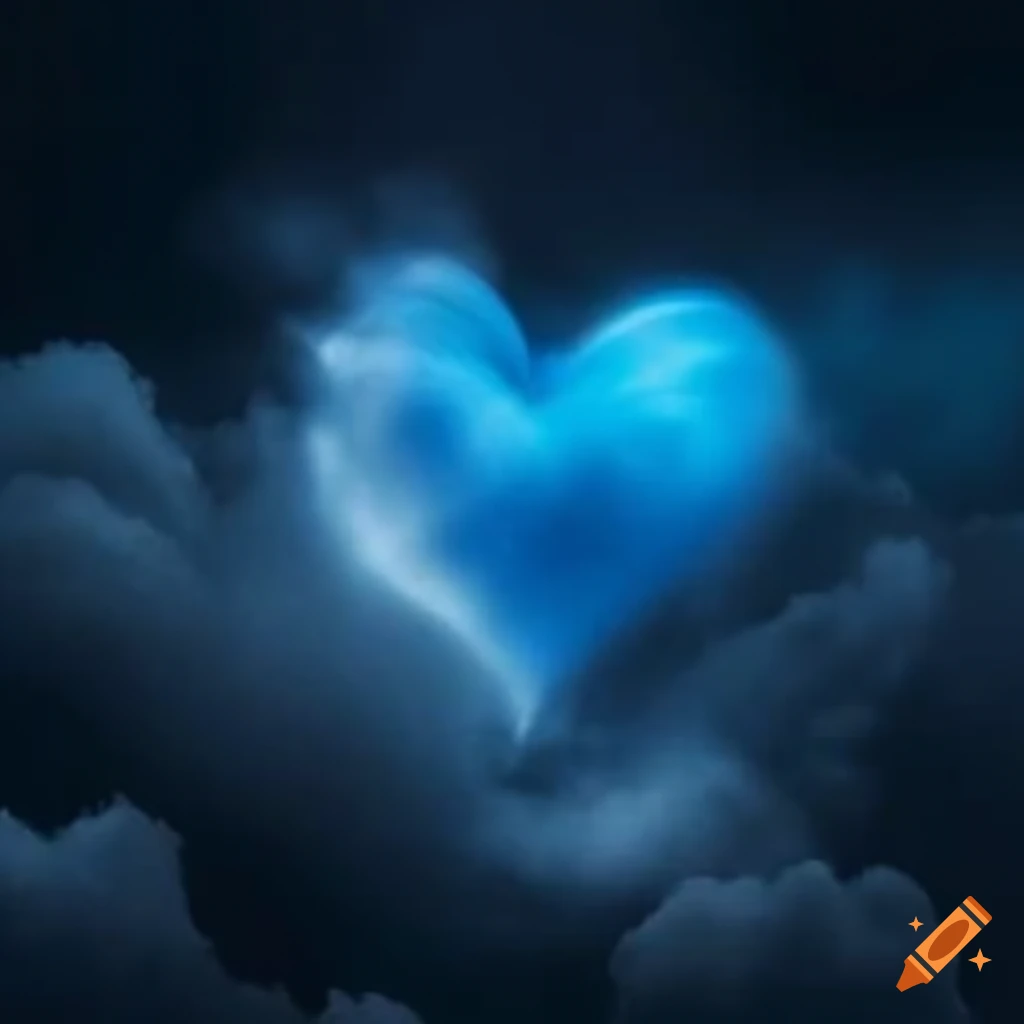 Blue heart flying in dark clouds towards light on Craiyon