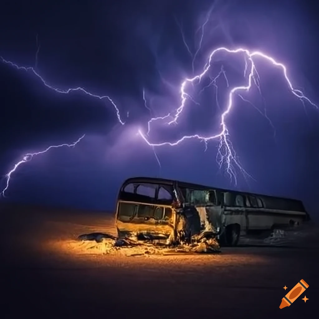 Desert storm with lightning and bus wreck on Craiyon
