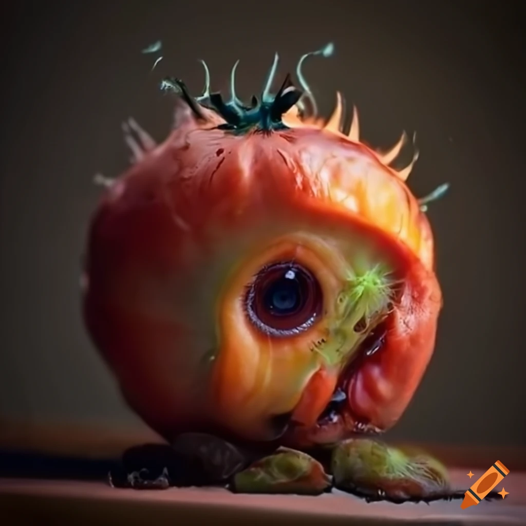 Close-up portrait of rotten tomato fruit monster in a realistic micro ...