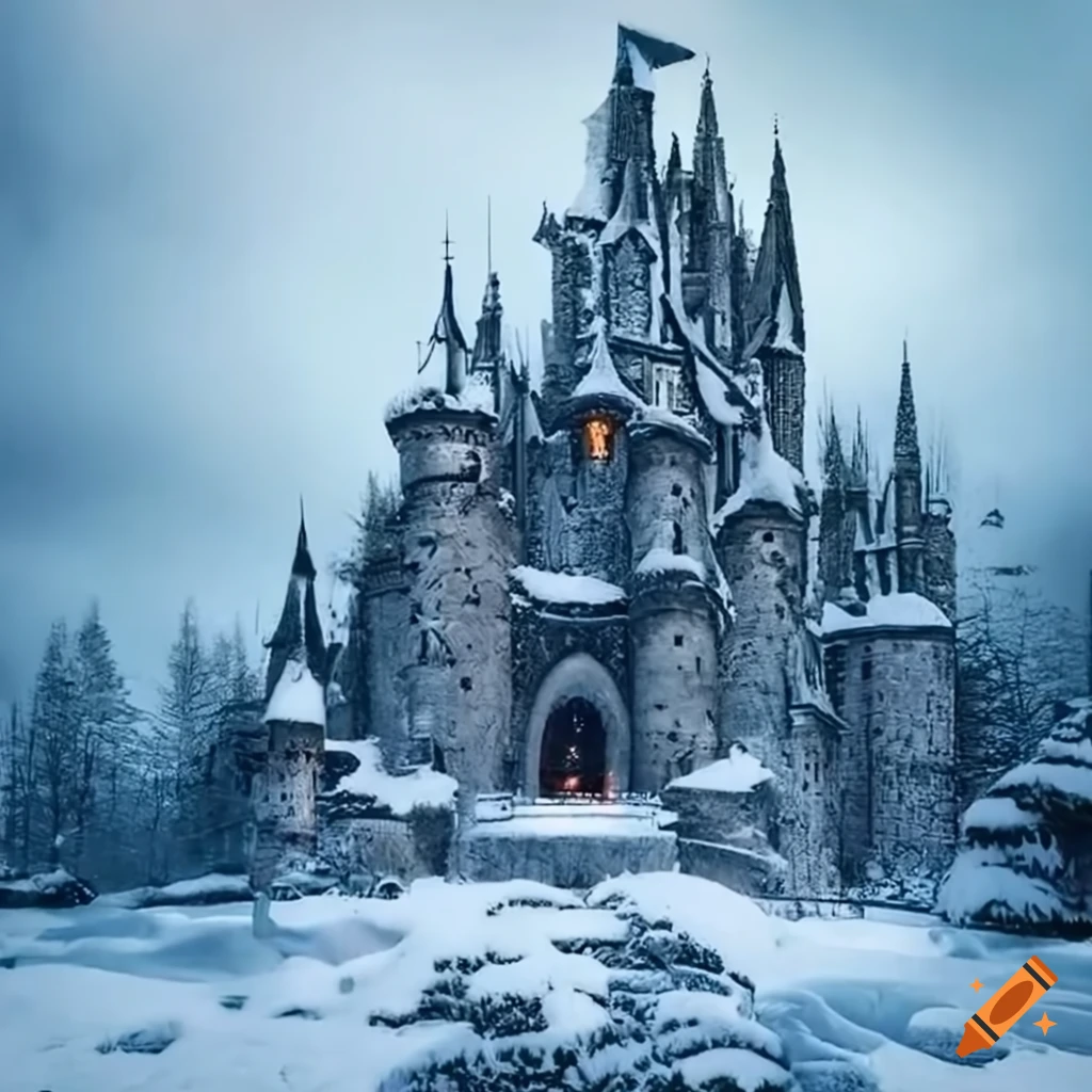 Fantasy castle covered in 30 feet of snow with multiple fireplaces ...