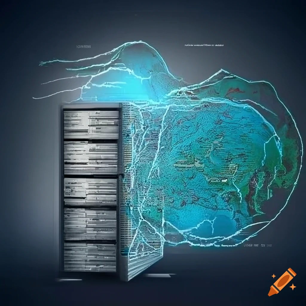 Computer server displaying digital topographic maps on Craiyon
