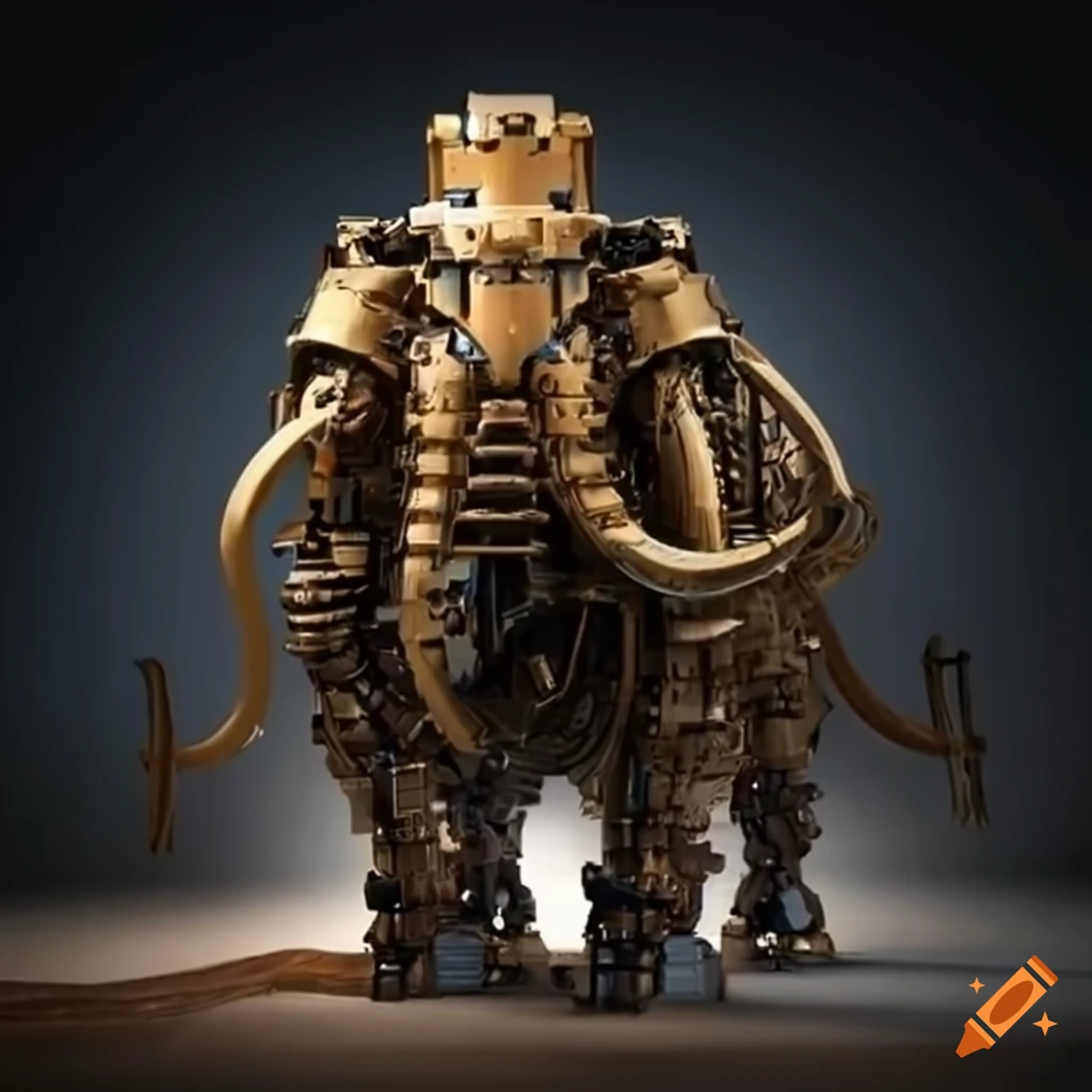 Intricately detailed robotic mammoth prepared for battle on Craiyon