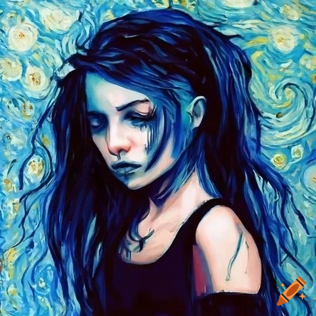 Woman with emo romantic van Gogh style on Craiyon