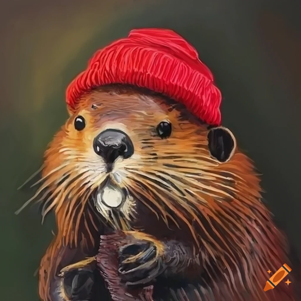 Beaver wearing a red beanie in a painting on Craiyon