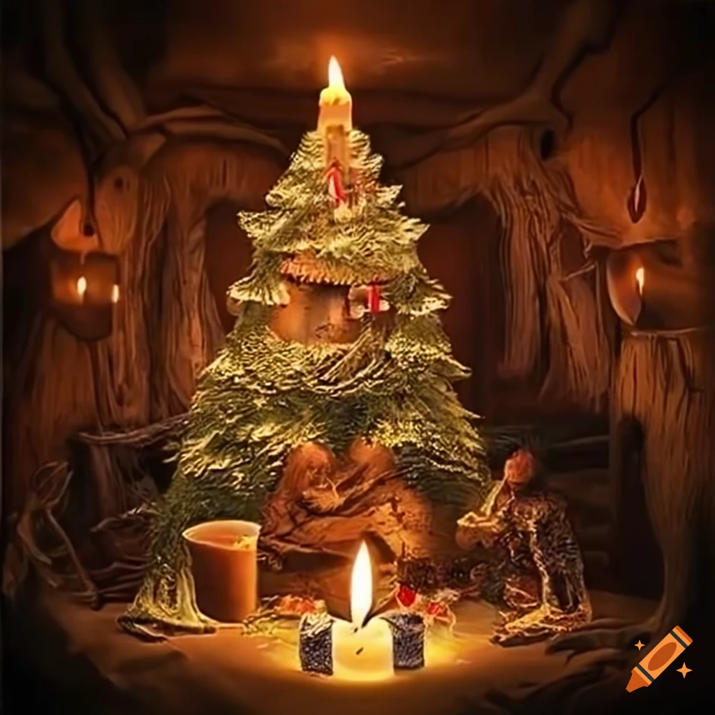 Vikings decorating a yule tree with candles on Craiyon