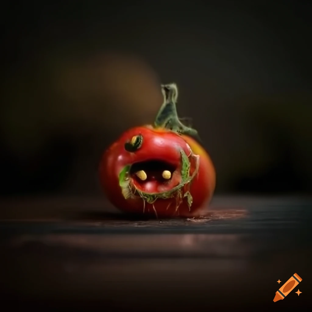 Ultra-realistic close-up portrait of the rotten tomato fruit monster on ...
