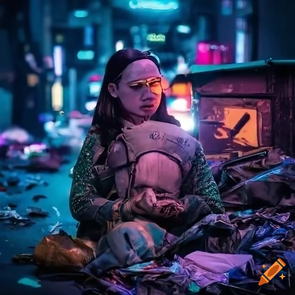 Footage of cyberpunk people on a garbage heap in a dystopian setting on ...
