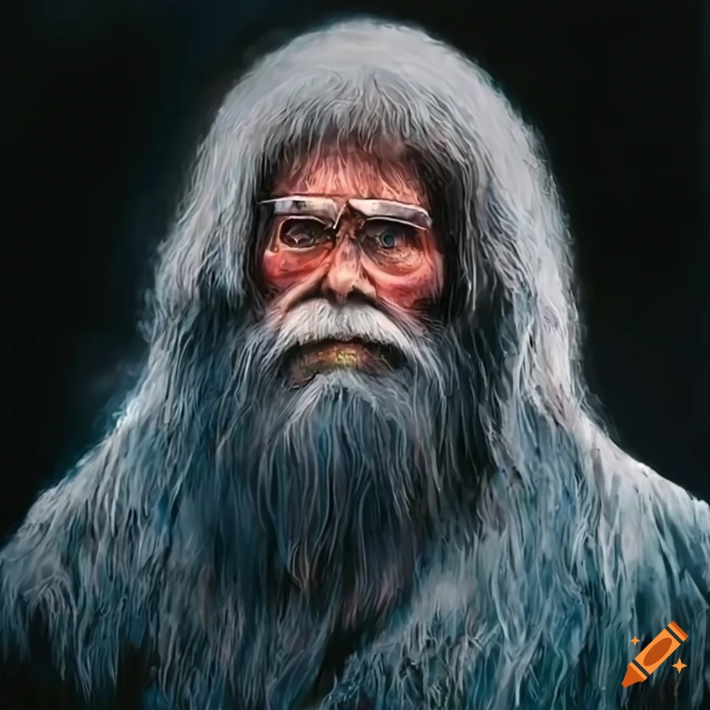 Old Sasquatch with long white hair, beard, glasses, and Bob Ross ...