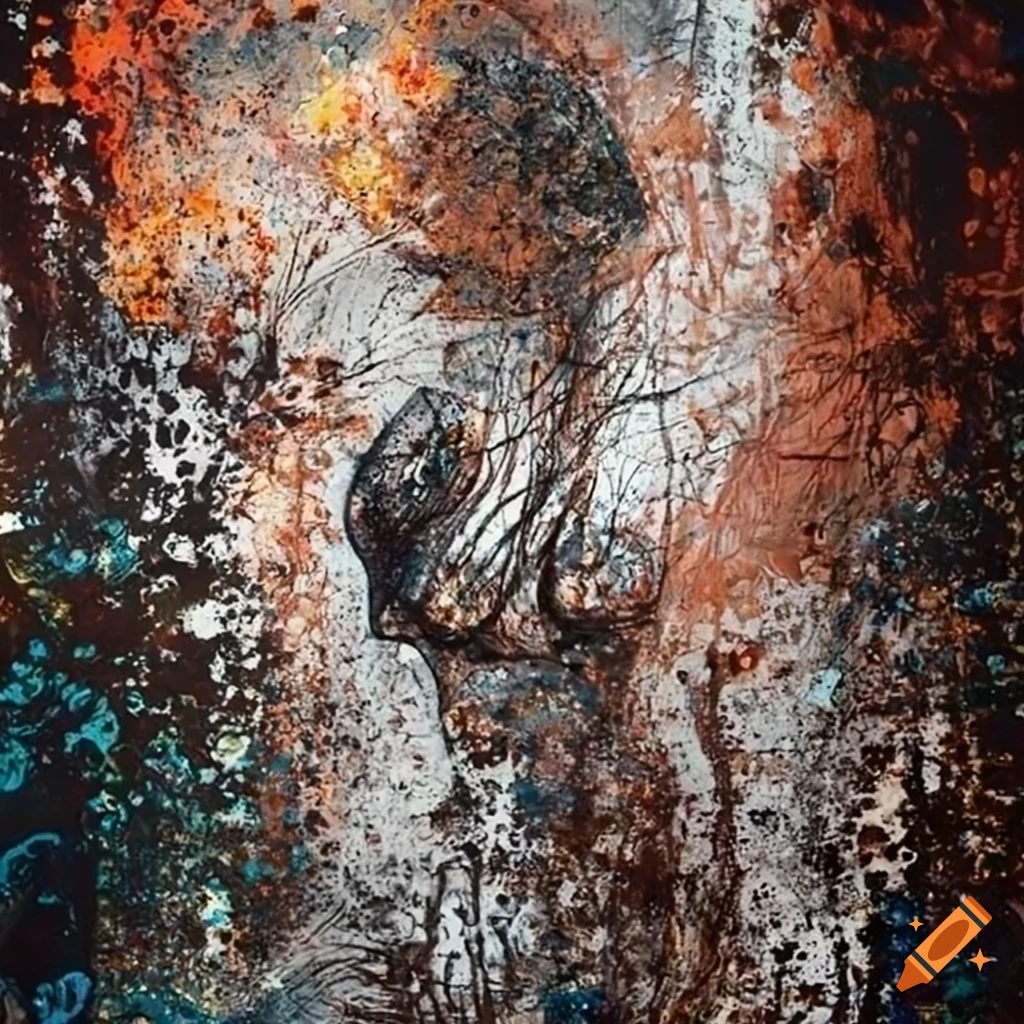 Abstract splatter painting of a woman in exotic flowers and ferns with ...