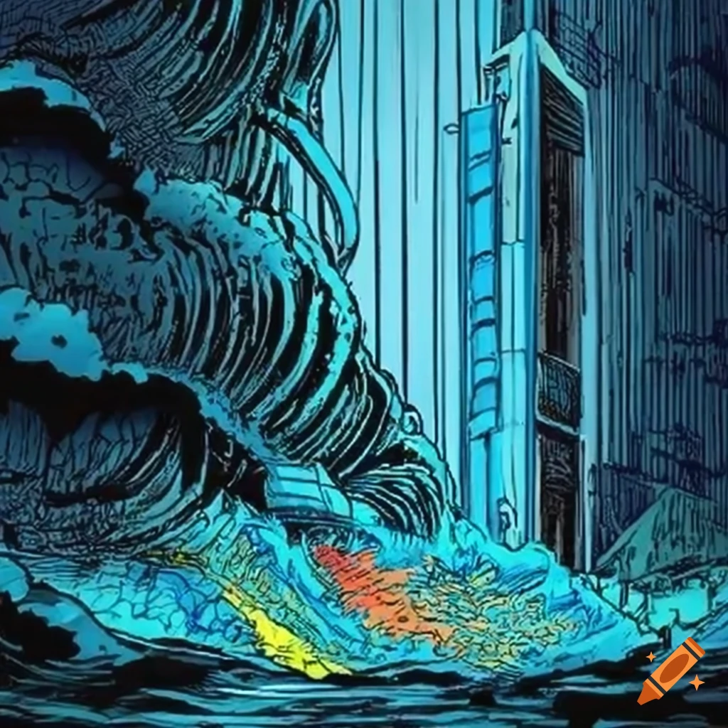 Tsunami crashing into a skyscraper in a comic style on Craiyon