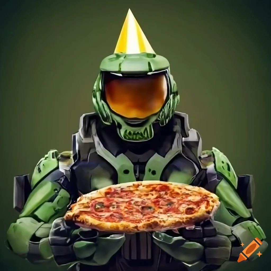 Xbox-themed party invitation with Master Chief eating pizza on Craiyon