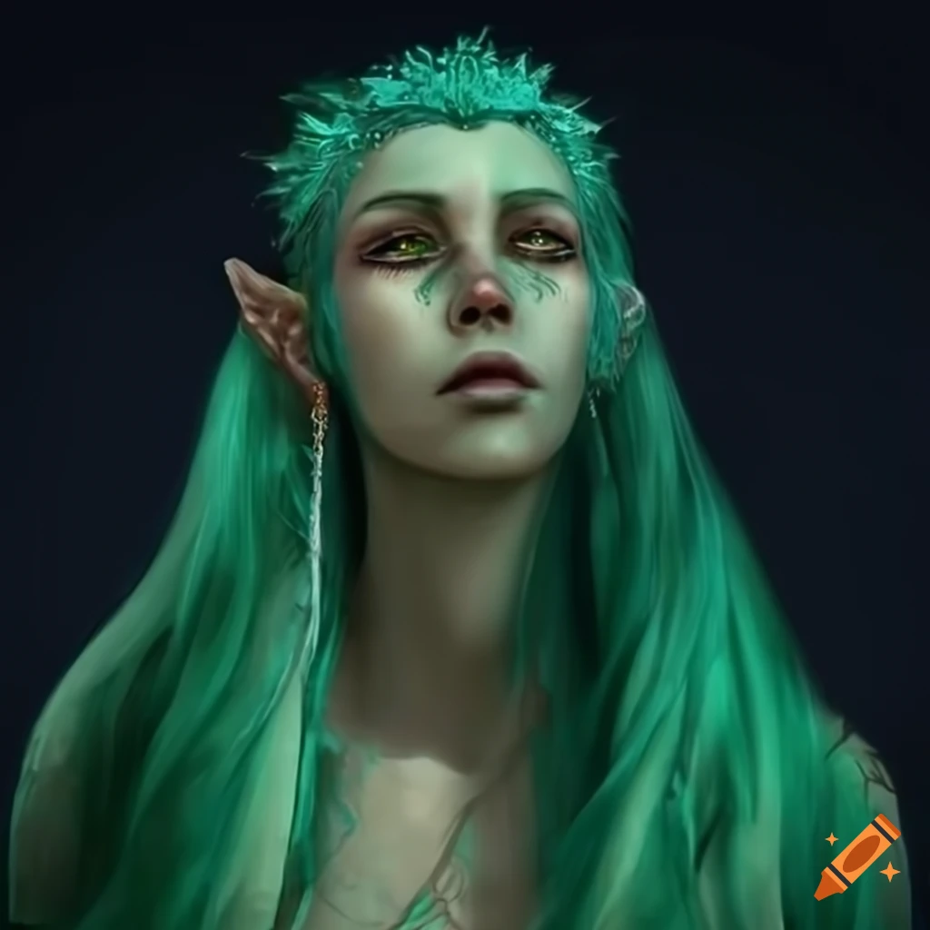 Ethereal creature with elven features and green skin in ceremonial ...