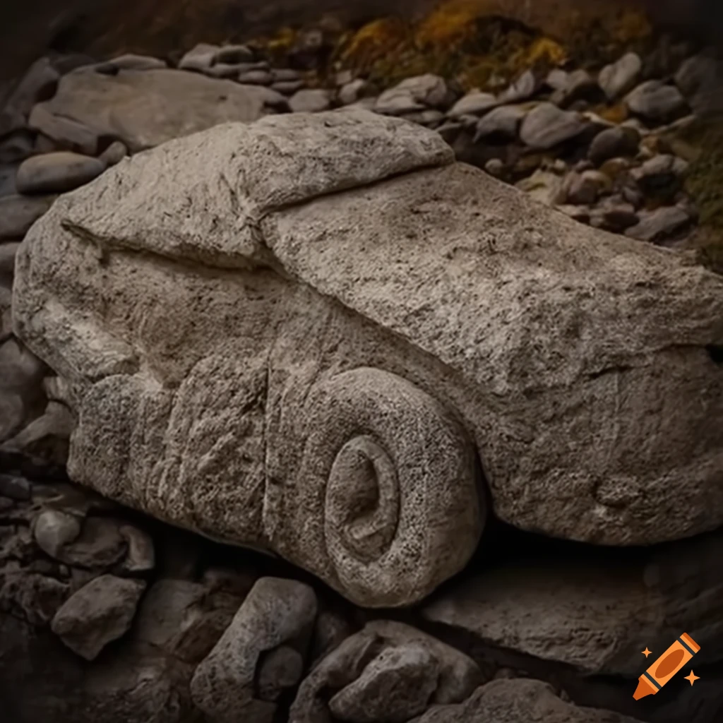 Stone sculpture of an automobile in a rocky landscape on Craiyon
