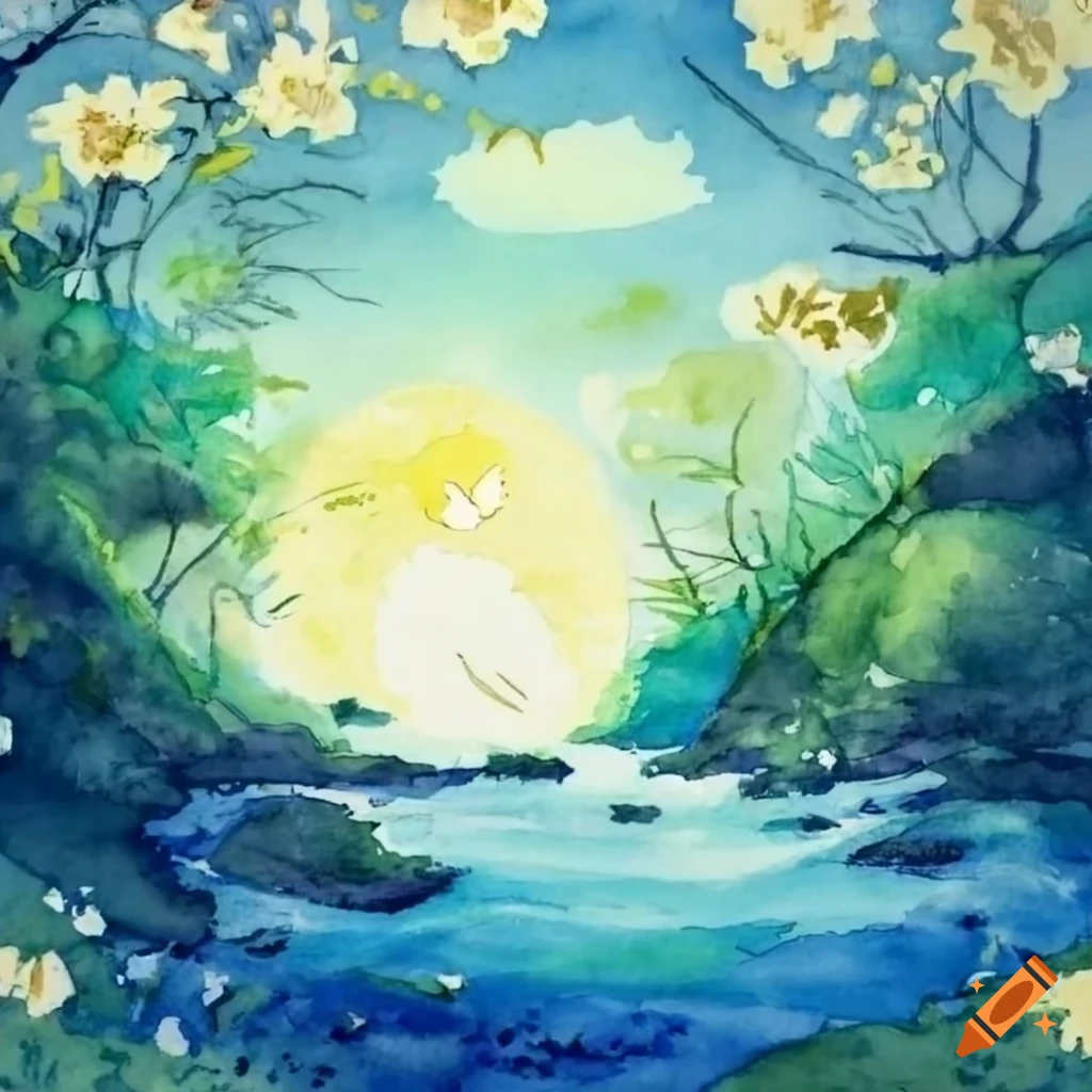 Spring scene in Studio Ghibli style watercolor painting on Craiyon
