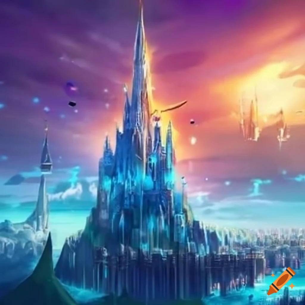 Elf sky city with a golden royal castle on Craiyon