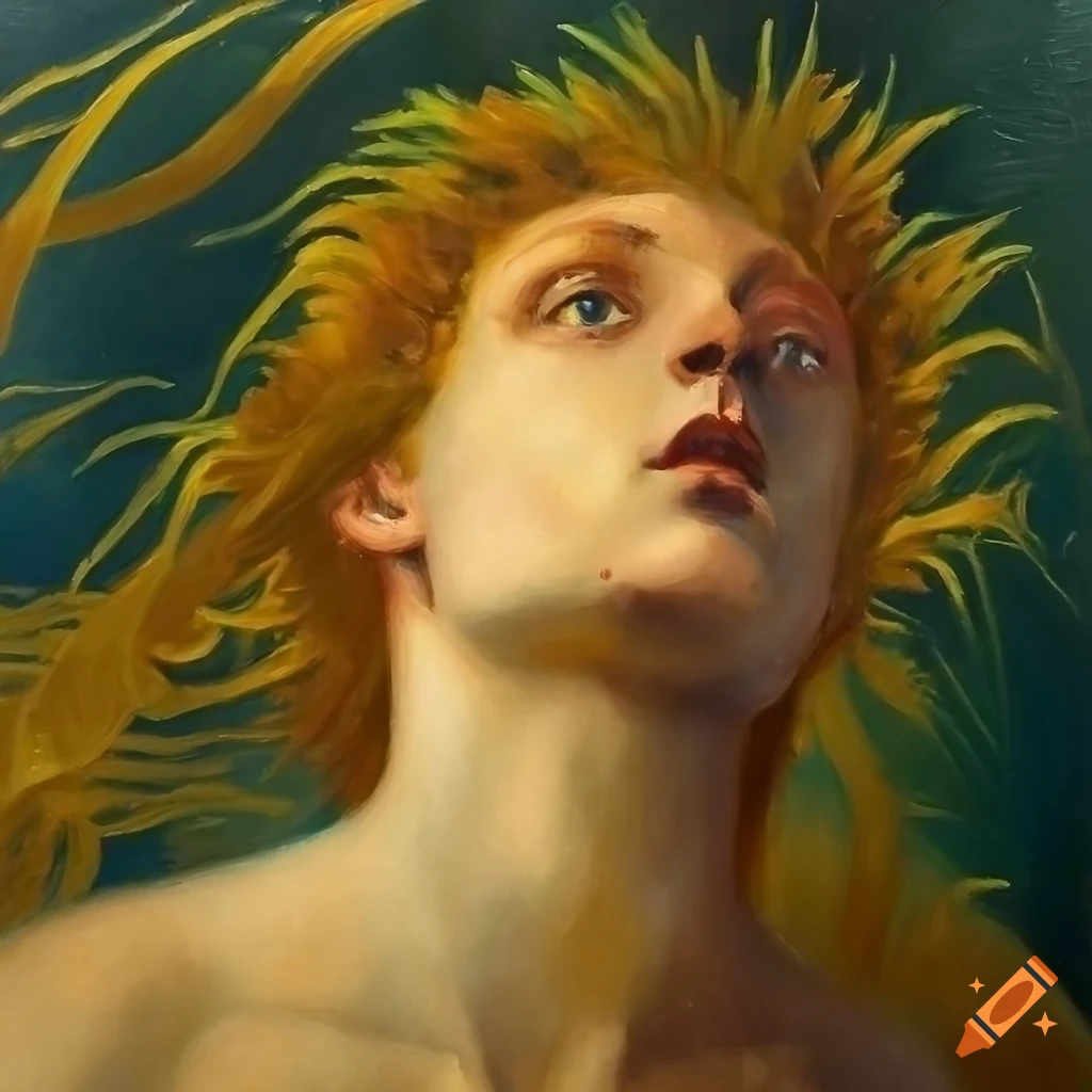 Oil painting of a beautiful male angel drowning in a kelp forest in Art ...