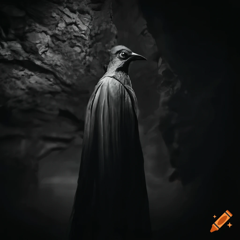 Humanoid crow in a dark cave wearing a cloak on Craiyon