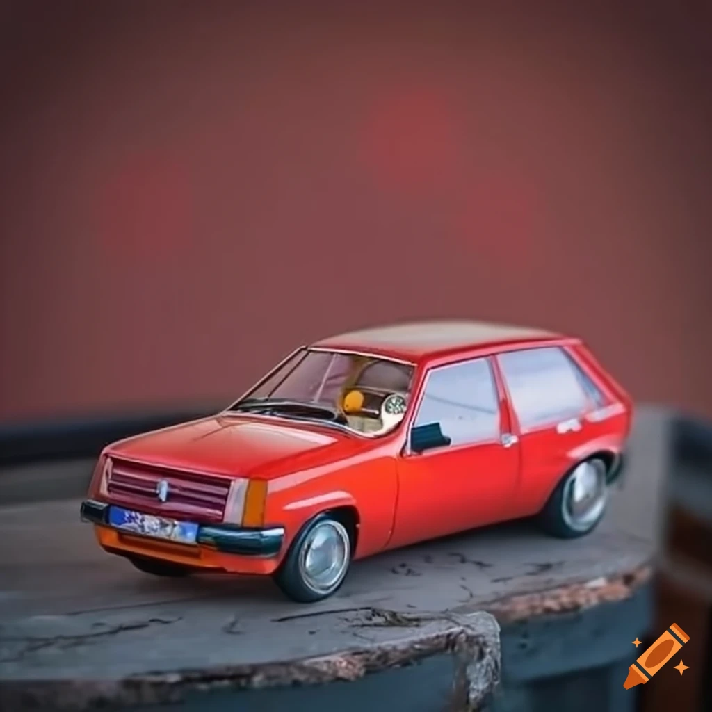 Cartoon red vauxhall nova on top of a globe on Craiyon