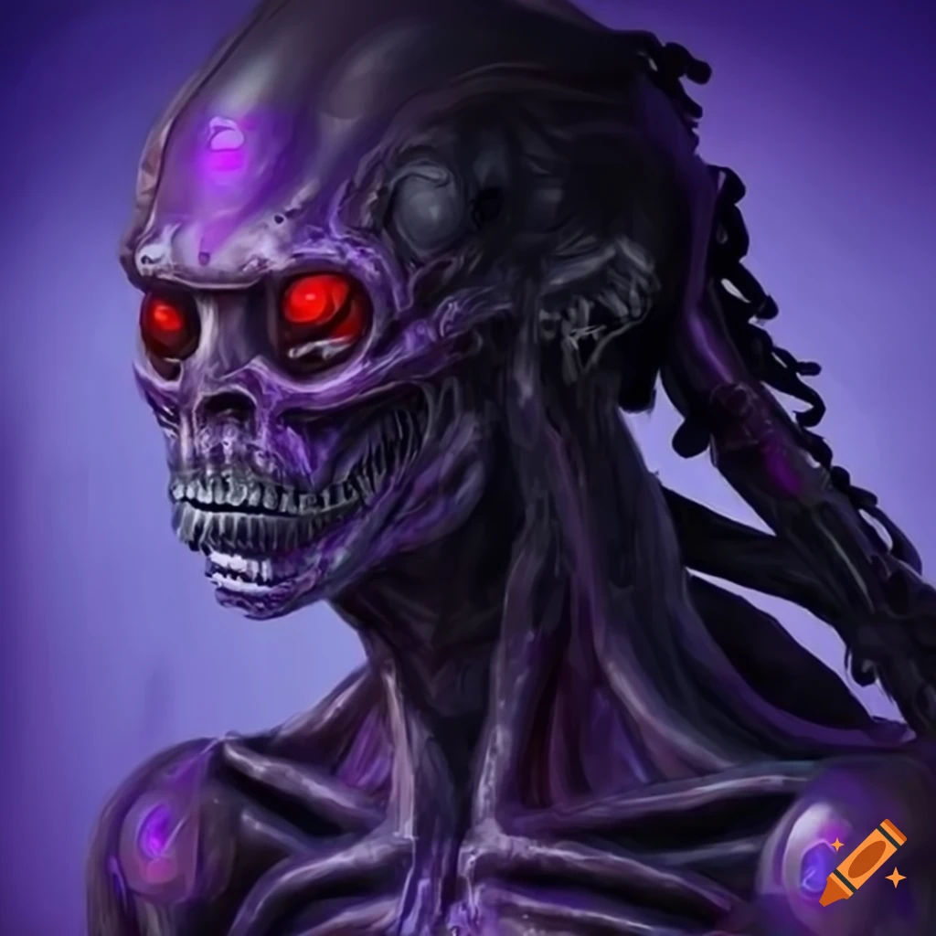 Fantastical alien warrior with purple skin and red cyborg eyes on Craiyon