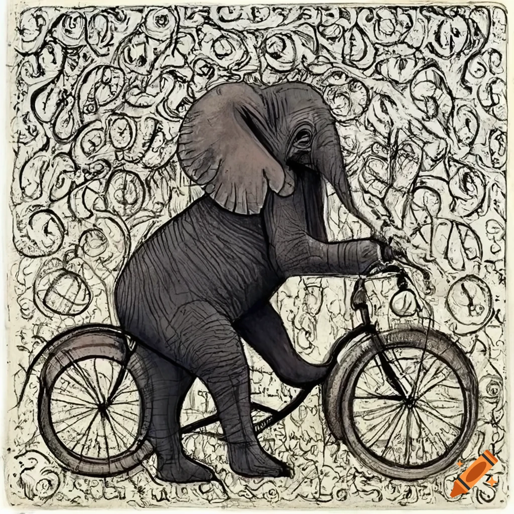 Elephant riding a bike in Edward Gorey style painting on Craiyon