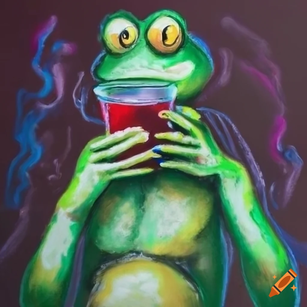 Humanoid frog enjoying a drink in an oil pastel drawing on Craiyon