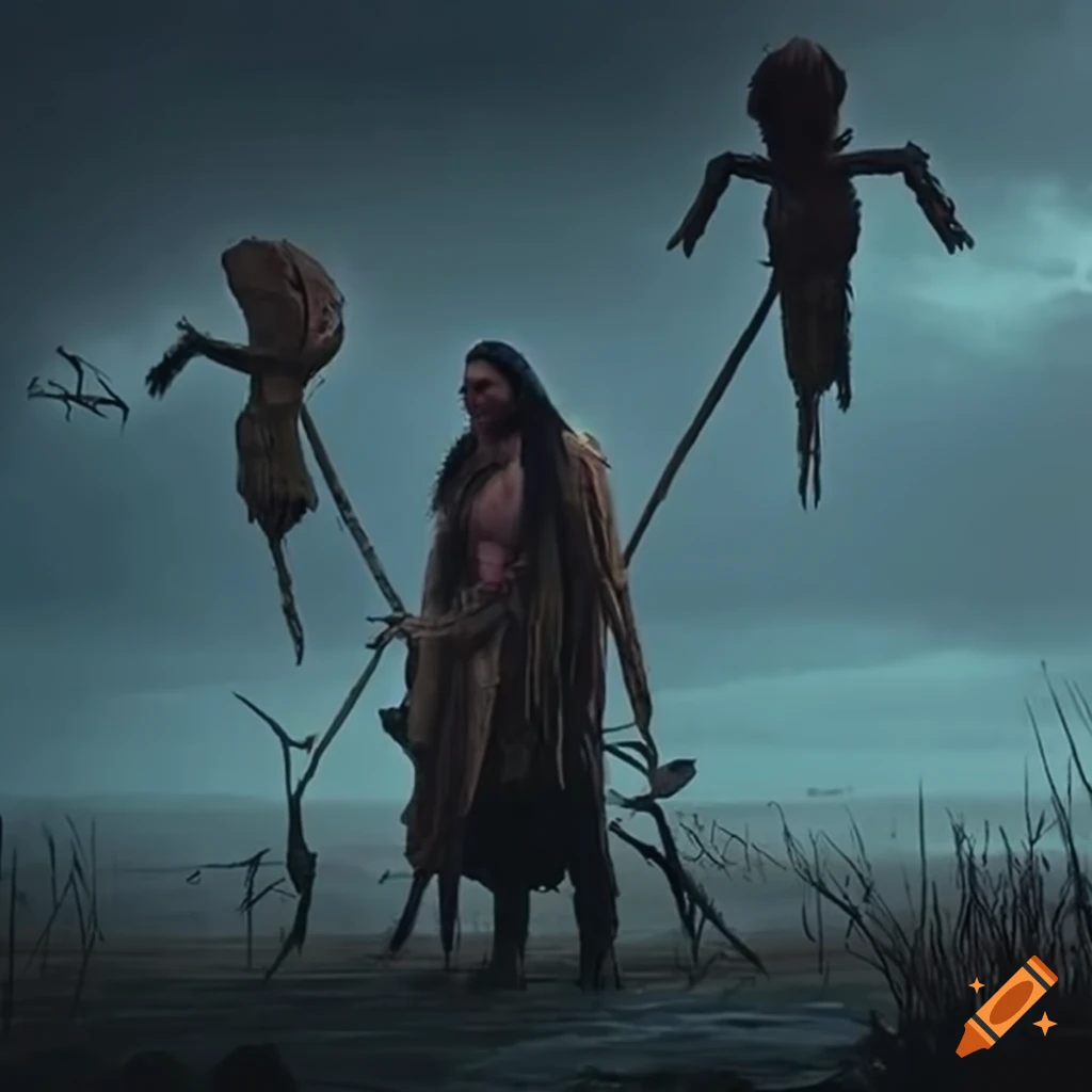 Native American gods on stilts in a post-apocalyptic landscape on Craiyon