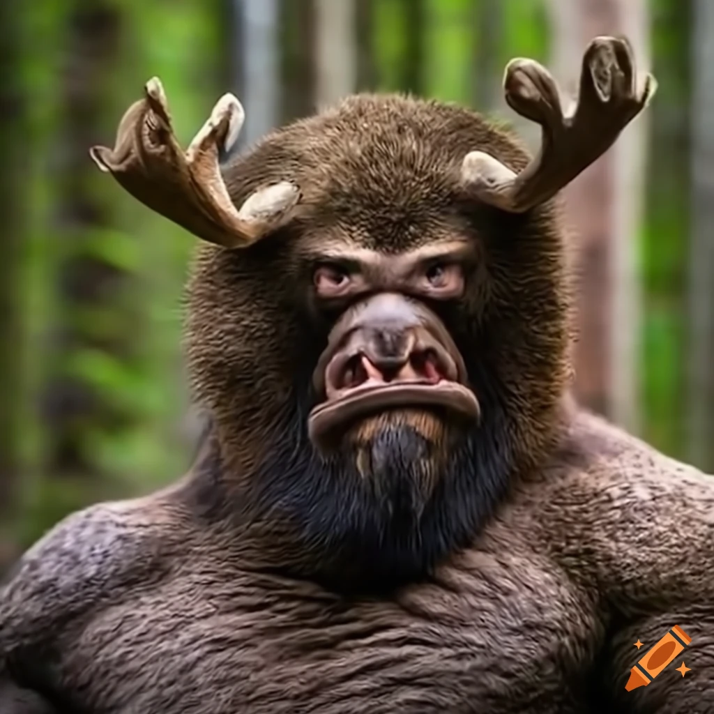Muscular sasquatch battling a moose in a forest setting on Craiyon