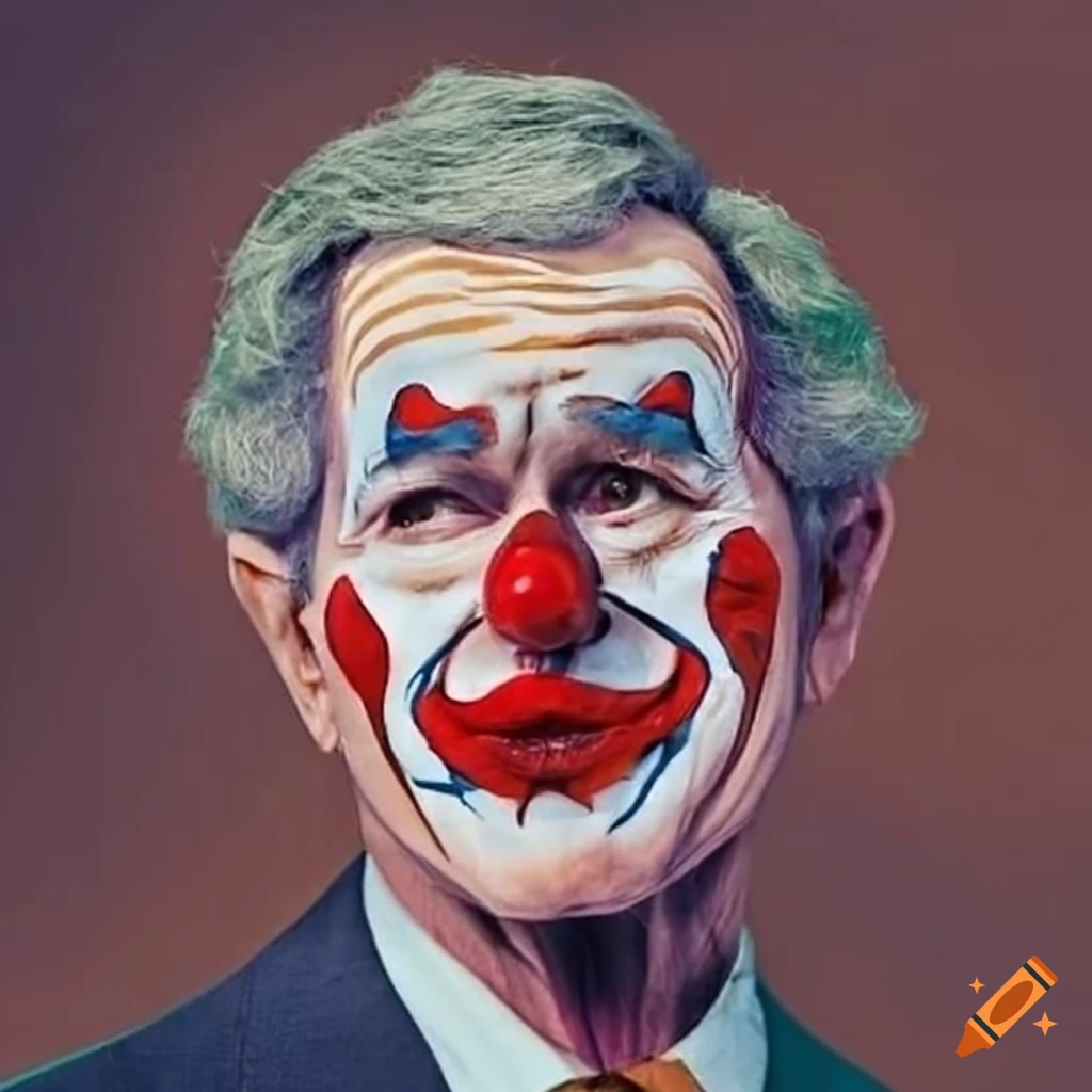 Satirical depiction of George Bush with clown makeup on Craiyon
