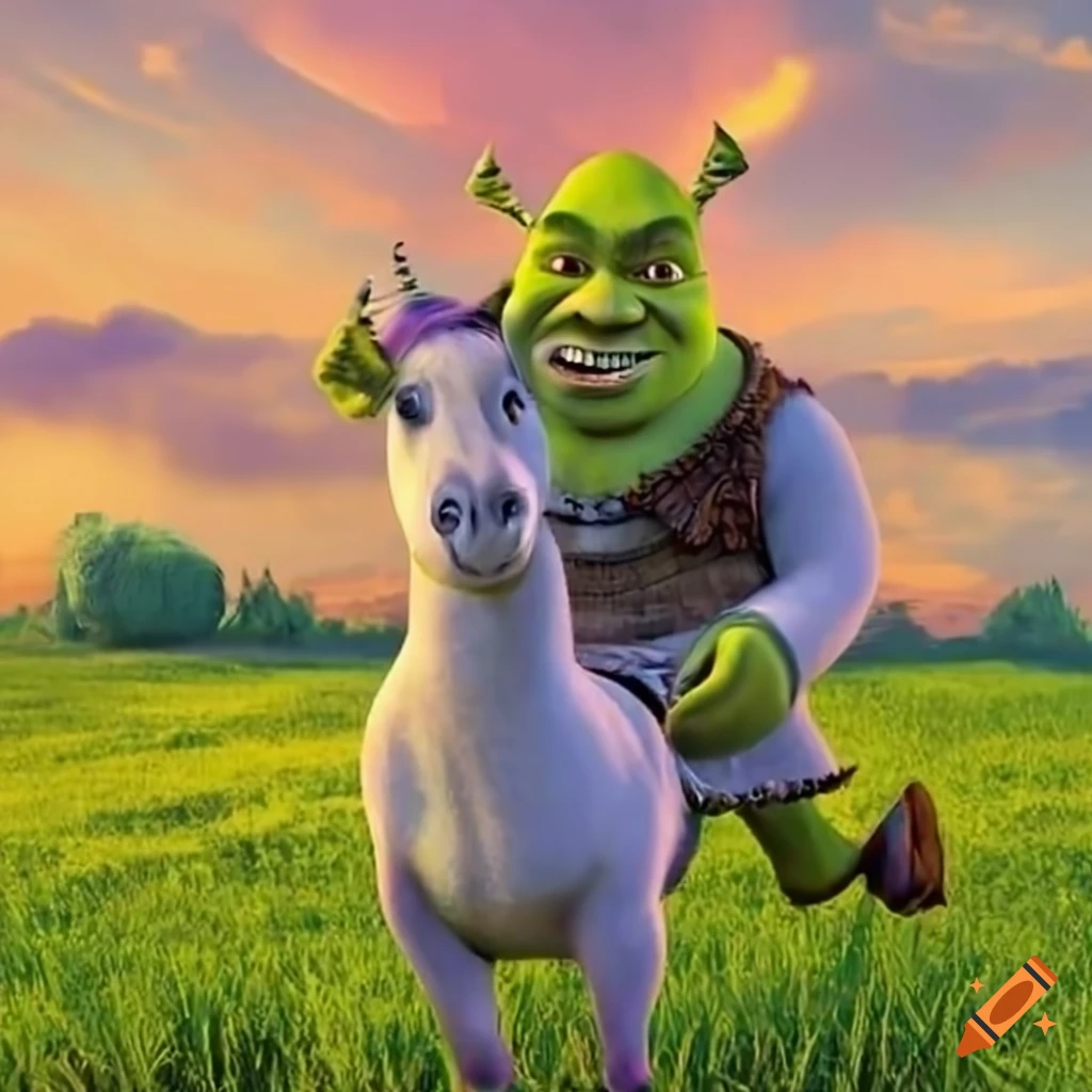 Shrek riding a sparkling unicorn through a meadow on Craiyon