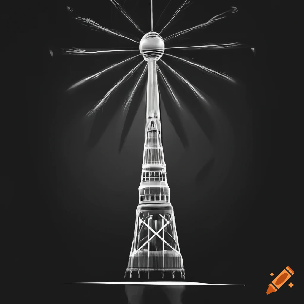 Vintage style radio tower emitting radio waves in monochrome on Craiyon