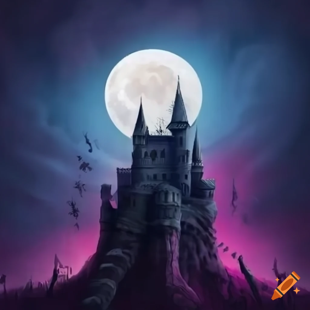 Midnight scene with a demon castle under a full moon on Craiyon