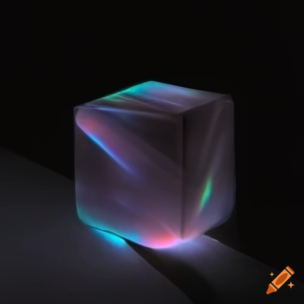 Black sharp cube with iridescence on white table on Craiyon
