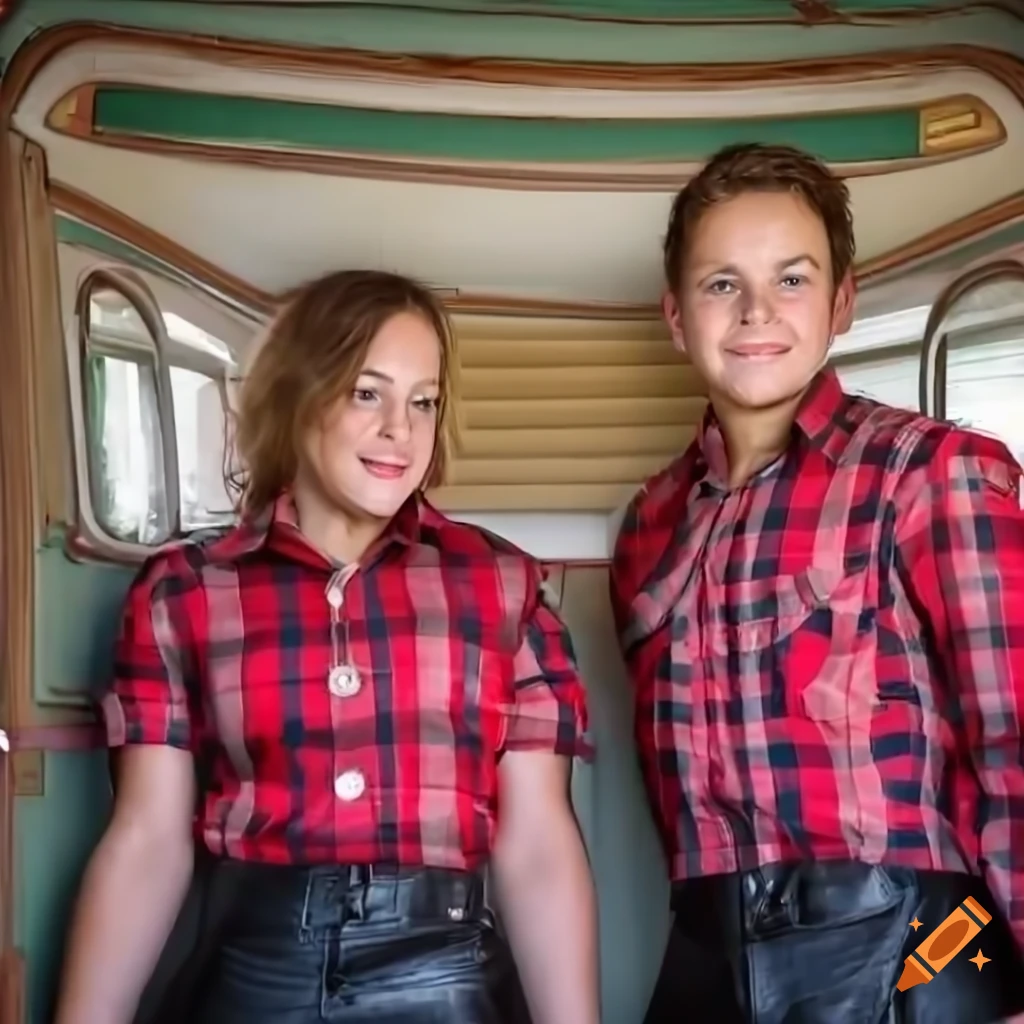 Irimia twins, singers in red plaid shirt and high waist black leather trousers standing in a ...