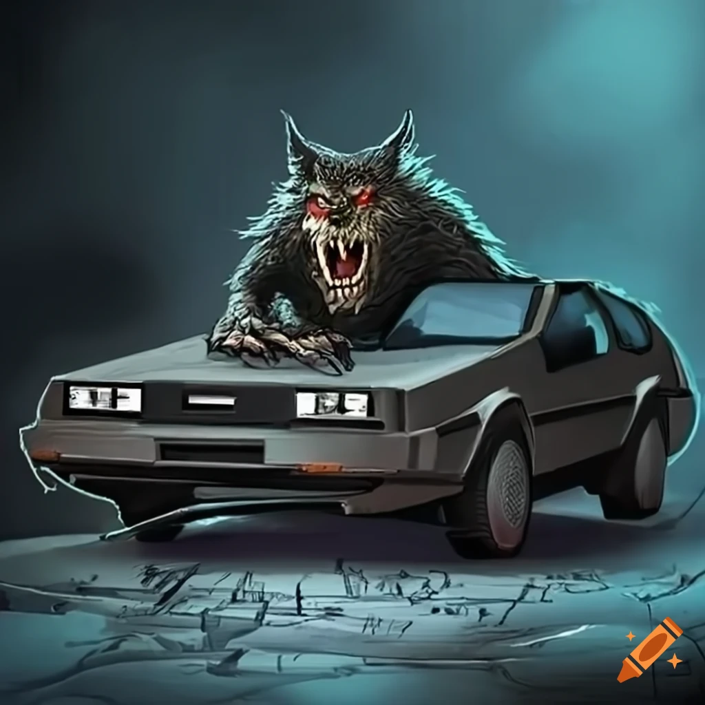 Werewolf on a delorean car on Craiyon
