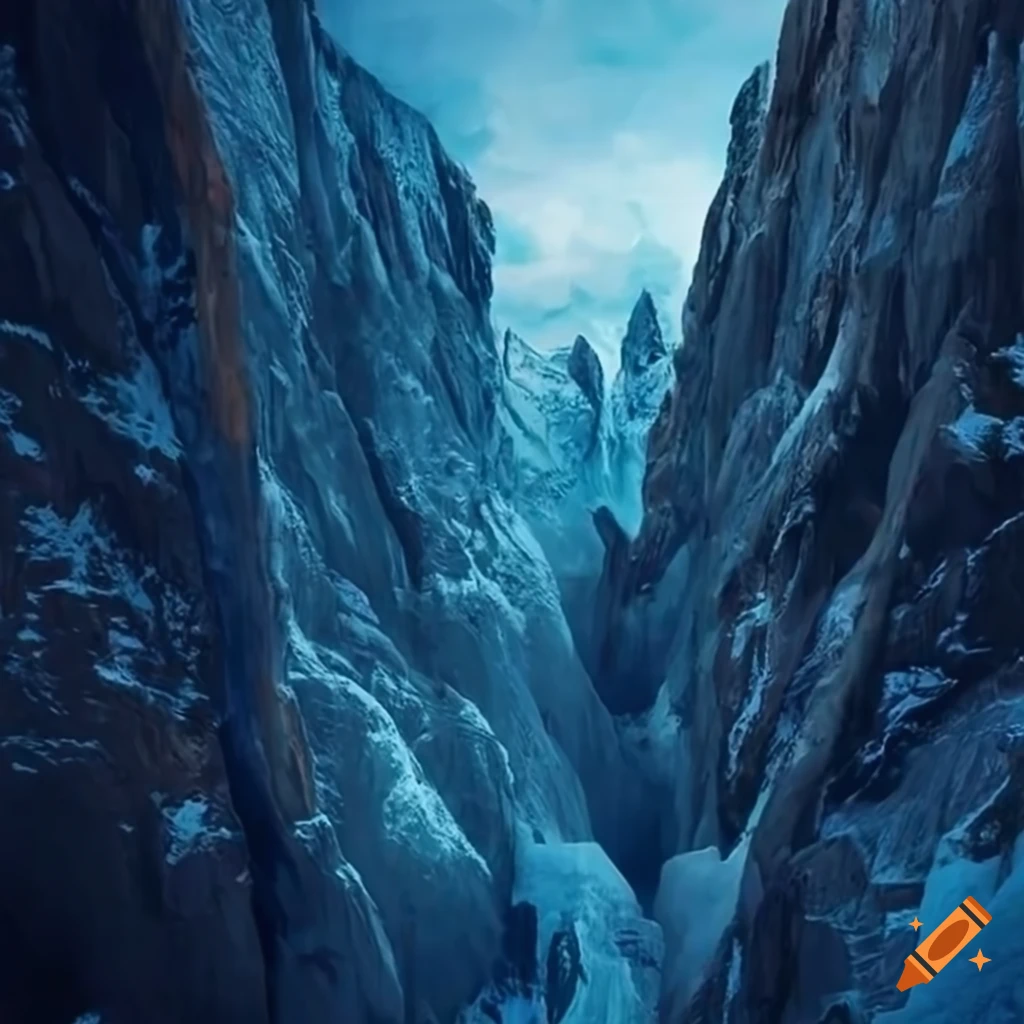 Medieval climbers scaling icy cliffs against snowy psychedelic mountain ...
