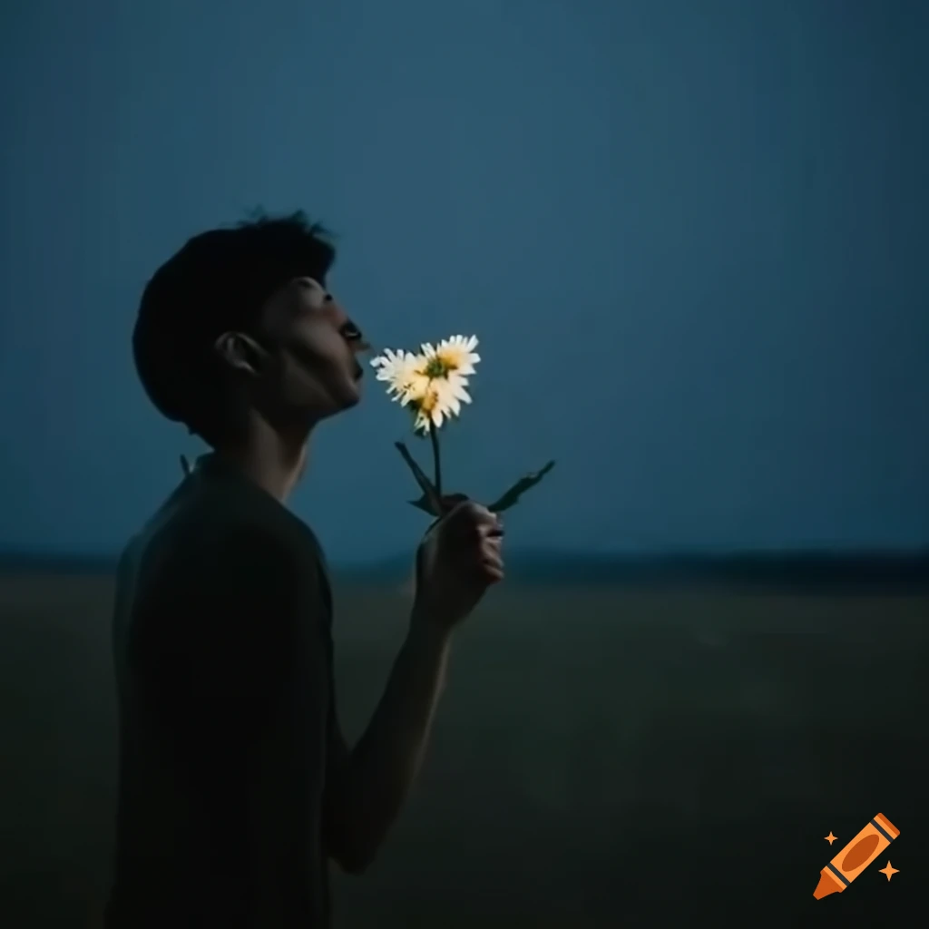 Man holding flowers and crying in open field at night on Craiyon