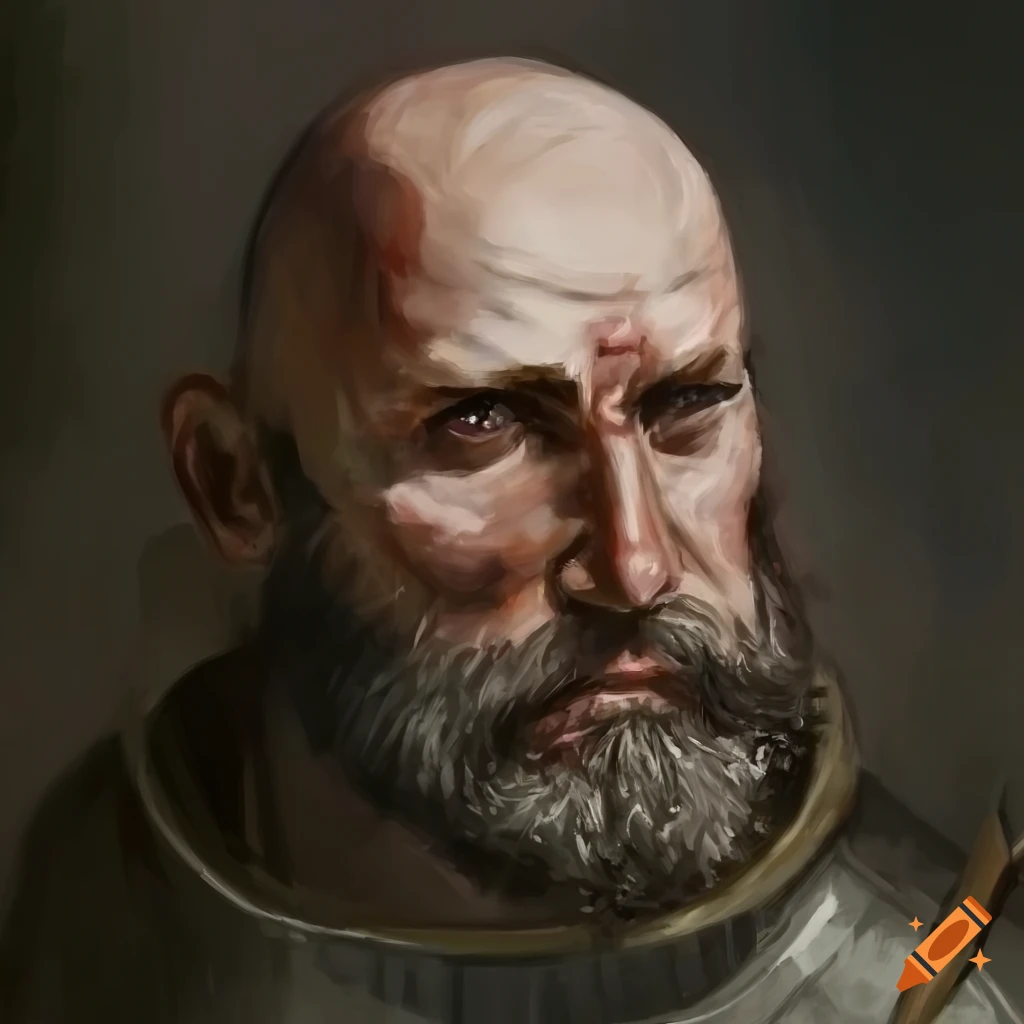 Stoic human cleric in heavy plate armor with beard and scar on Craiyon